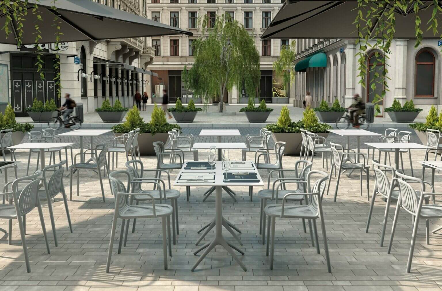 Table design pour restaurant en extérieur avec plateau rabattable