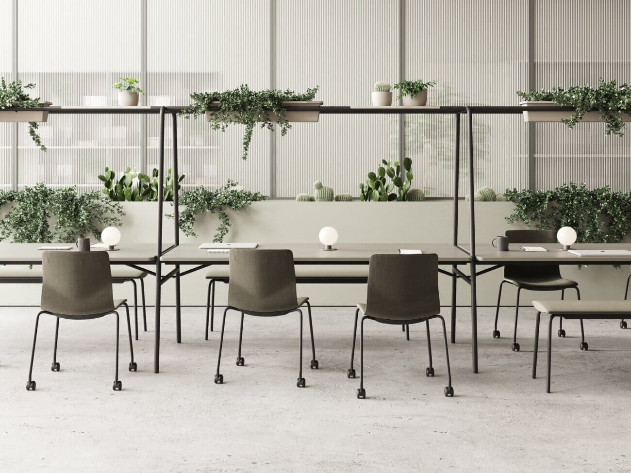 Table en arche travail collaboratif avec jardinière suspendues